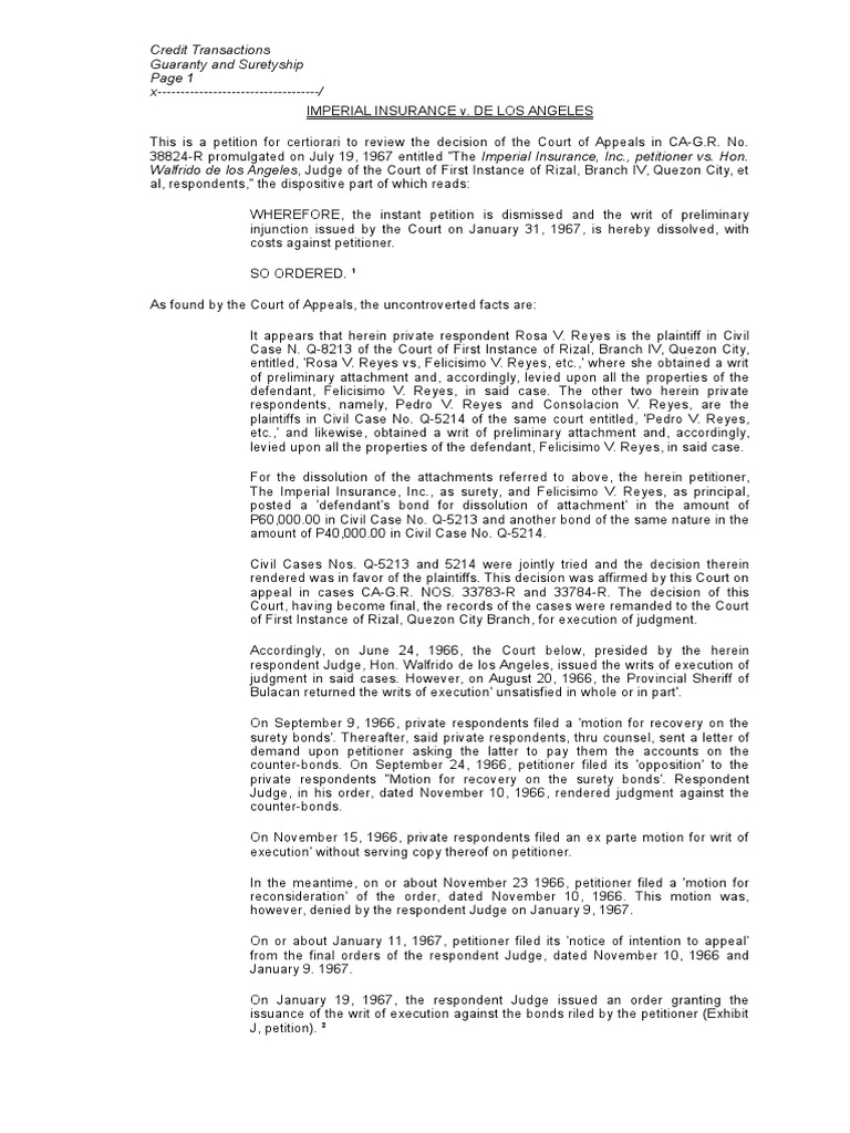Imperial Insurance V Delos Angeles | PDF | Surety Bond | Guarantee