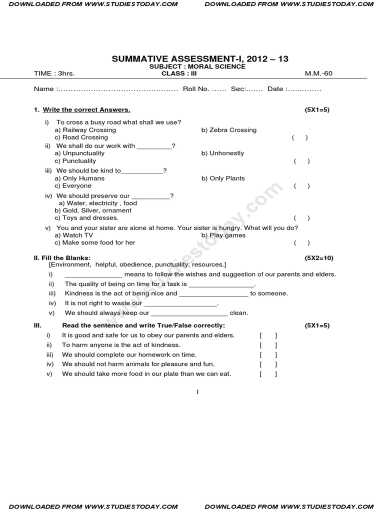 CBSE Class 3 Moral Science Question Paper SA 1 2010 - 2