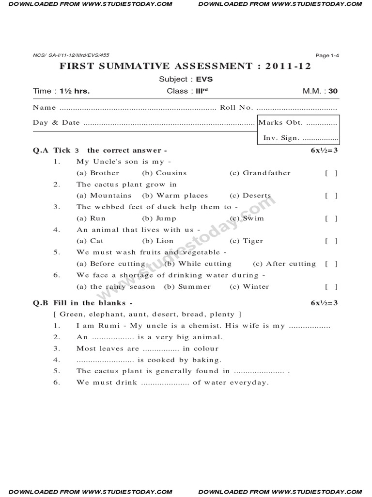 Class 3 EVS SA1 Question Paper | PDF | Foods | Nature