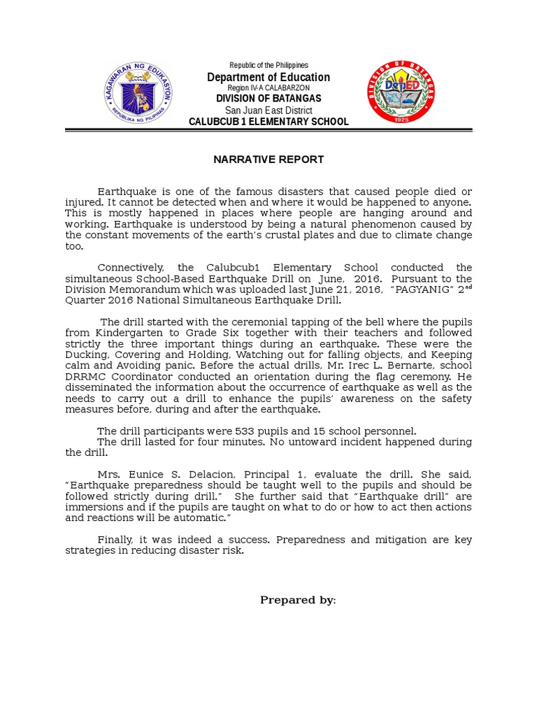 Narrative Report On Earthquake Drill | PDF | Earthquakes | Emergency ...