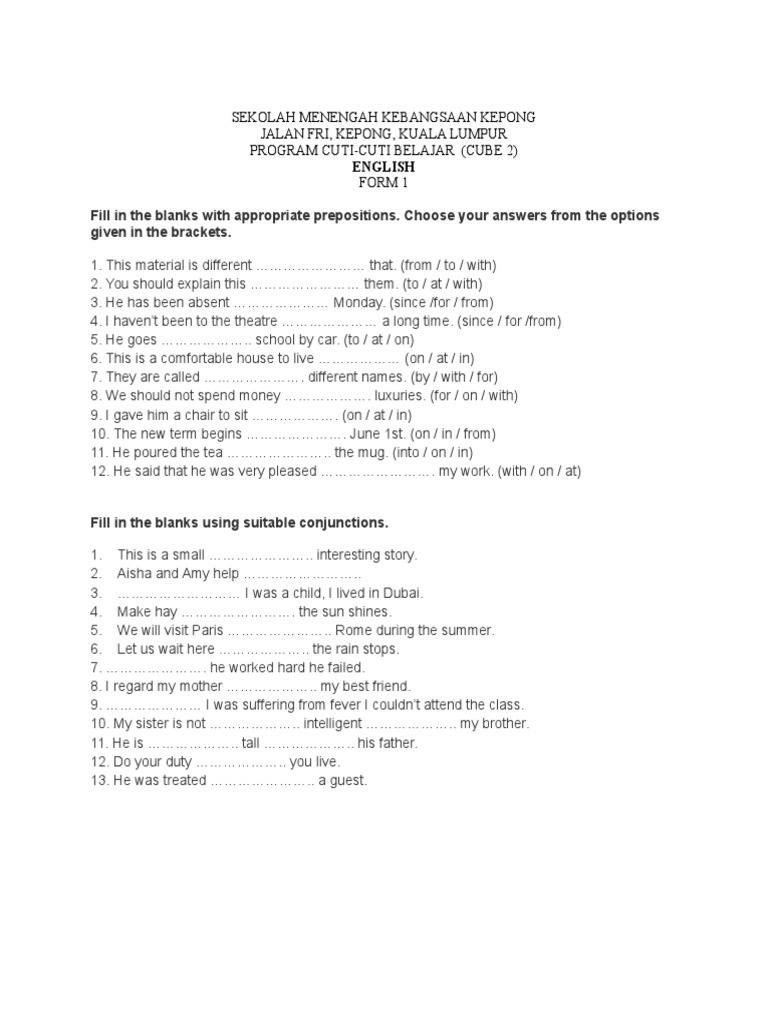Fill in The Blanks With Appropriate Prepositions. Choose Your Answers ...