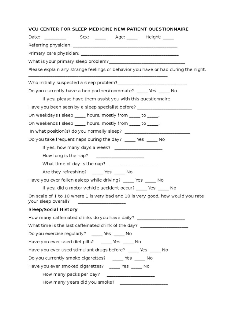 New Patient Sleep Questionnaire for the VCU Center for Sleep Medicine ...