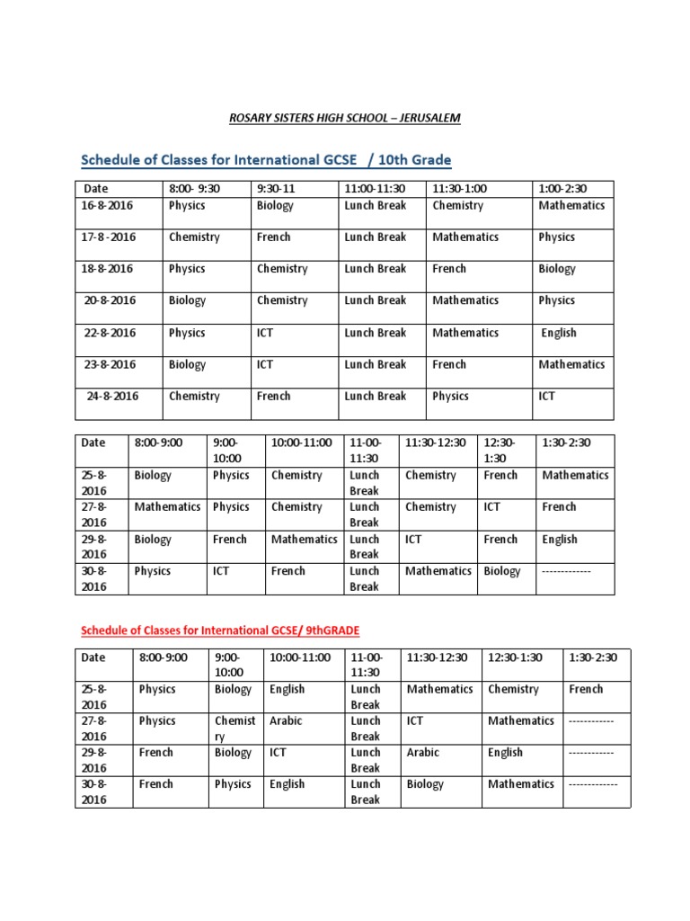 Schedule of Classes For International GCSE | PDF