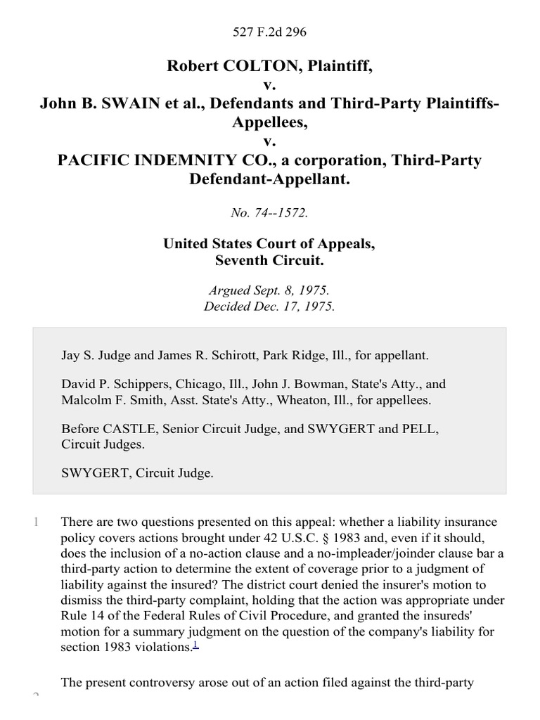 Robert Colton v. John B. Swain, and Third-Party v. Pacific Indemnity Co ...