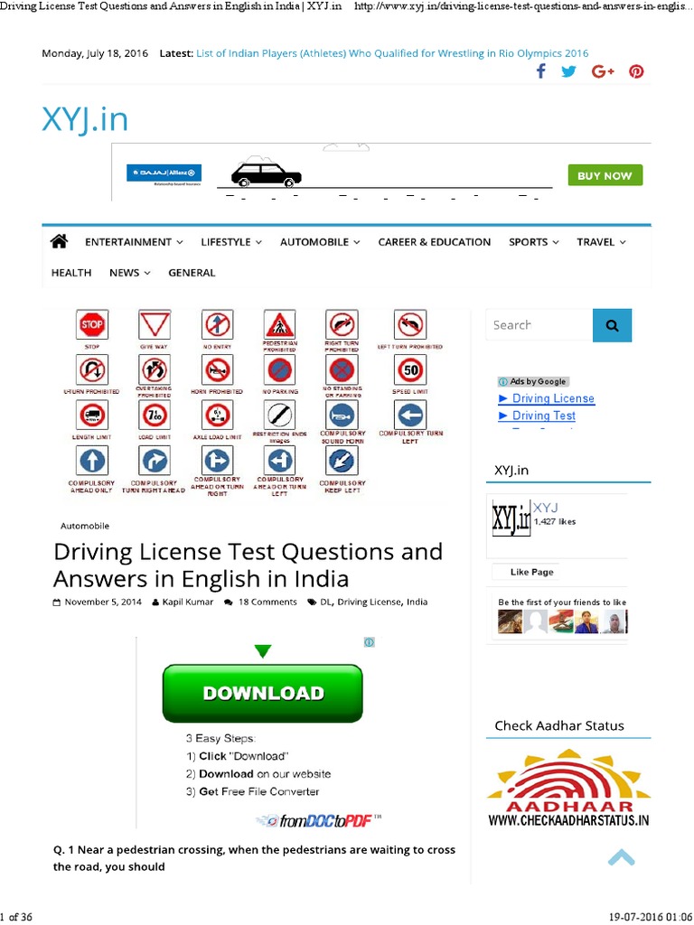 Driving License Test Questions and Answers in English in India ...