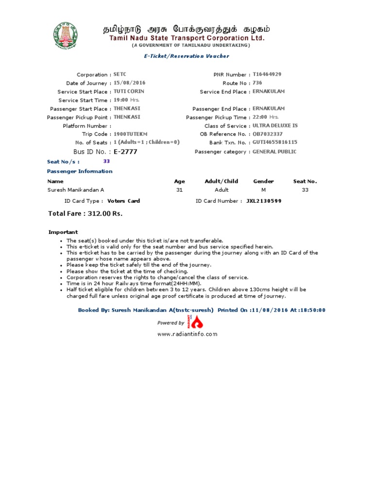 SETC Bus Ticket: Tenkasi to Ernakulam | PDF