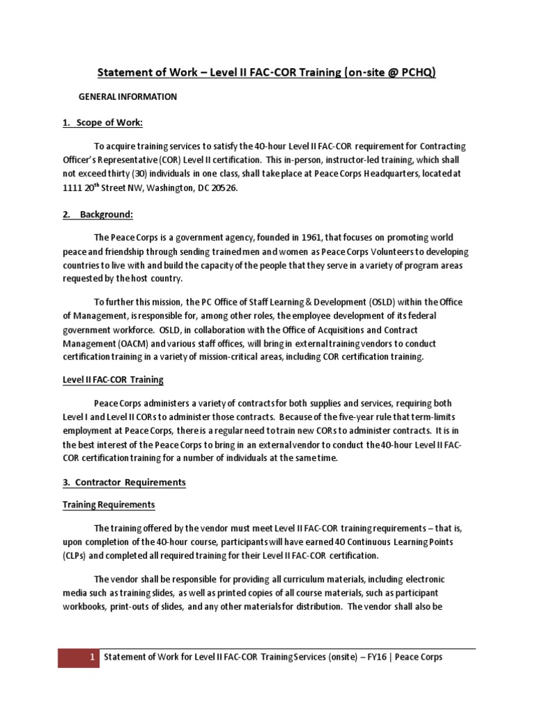 Level II FAC-COR Training SOW FY16 | PDF | Peace Corps | Government