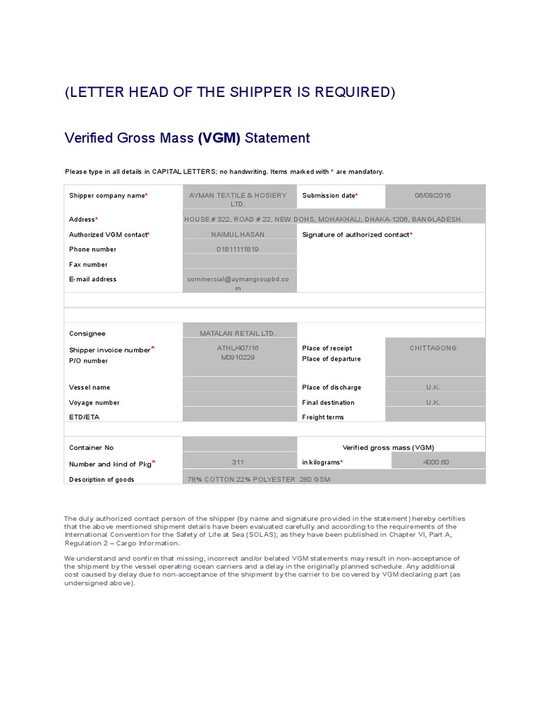 VGM Statement - For 407, UK | PDF