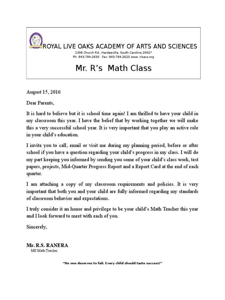 Letter To Parents 2016 | PDF | Teaching Mathematics | Learning