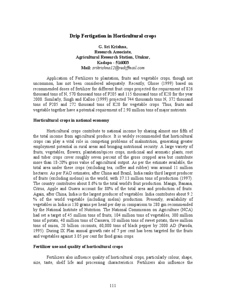 Drip Fertigation in Horticultural Crops | PDF | Fertilizer | Agriculture