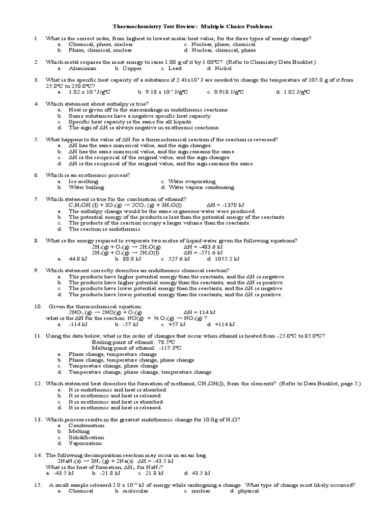 Thermochemistry Test Review: Multiple Choice Problems | PDF | Phase ...