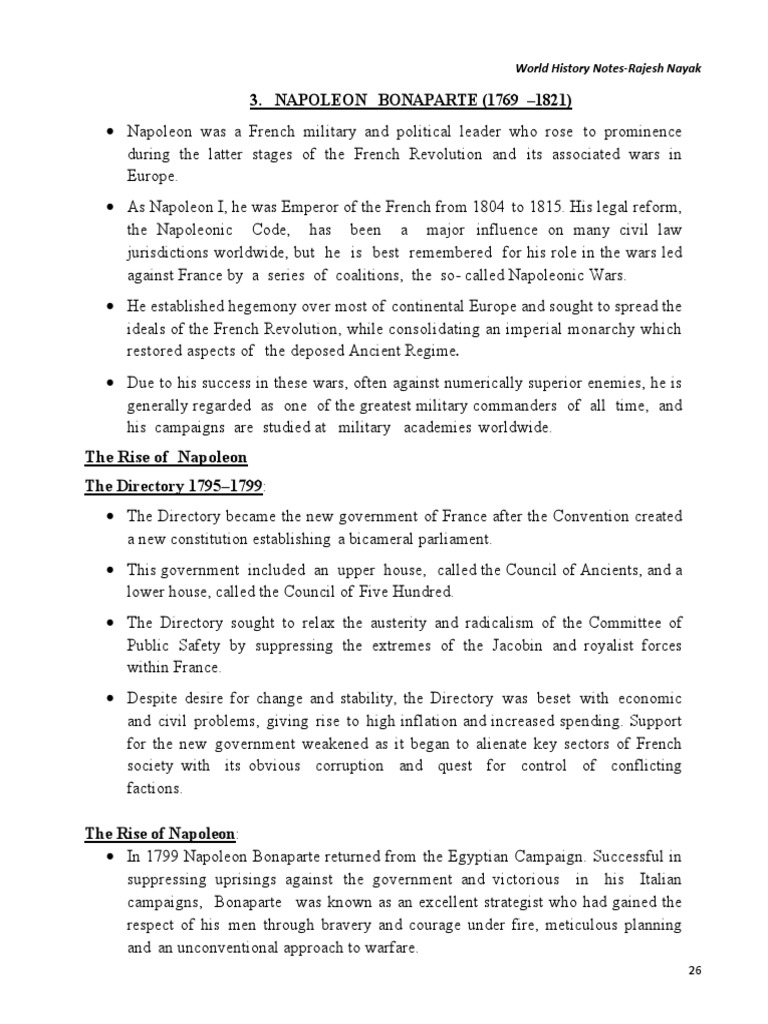 NAPOLEON BONAPARTE (1769 - 1821) : World History Notes-Rajesh Nayak ...