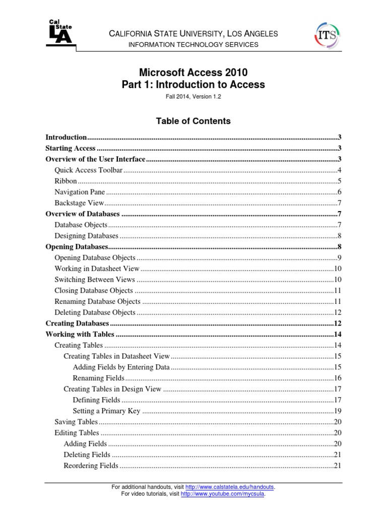 Microsoft Access 2010 Part 1: Introduction To Access: C S U, L A | PDF ...