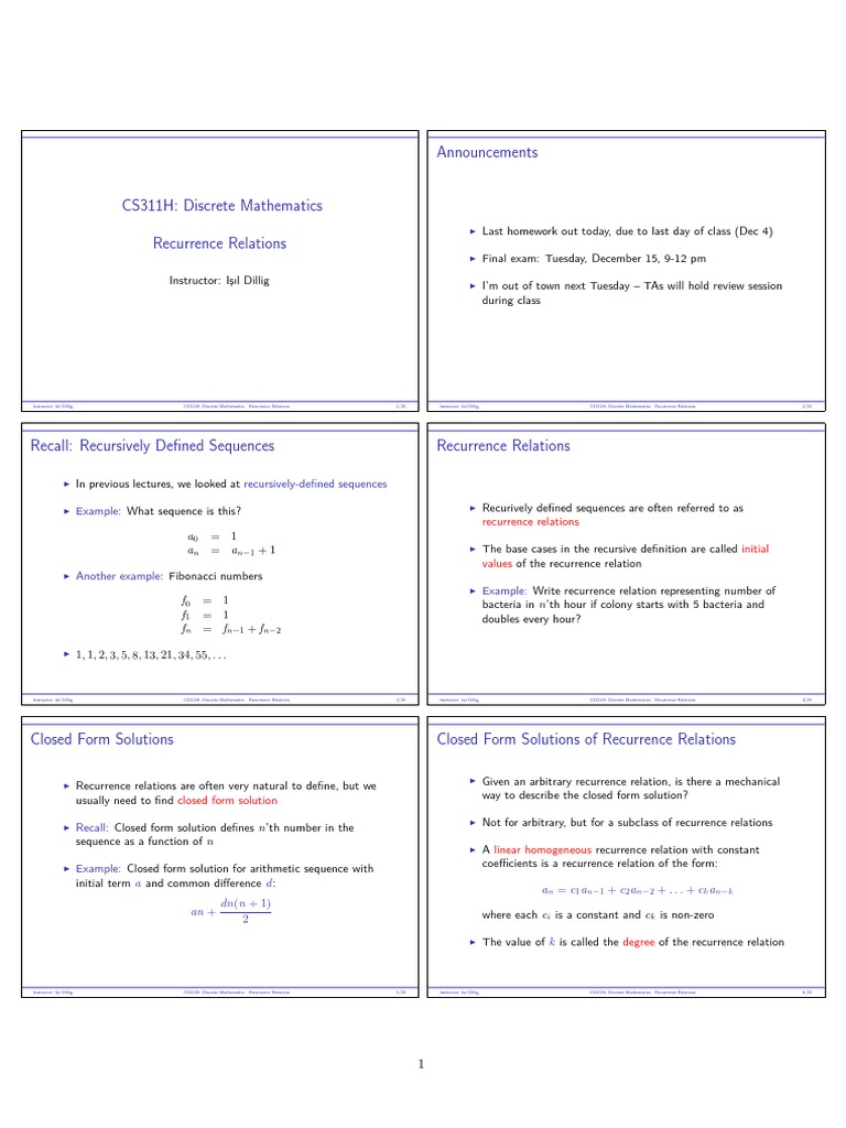 Announcements: Recursively-Defined Sequences Example | PDF | Recurrence Relation | Recursion