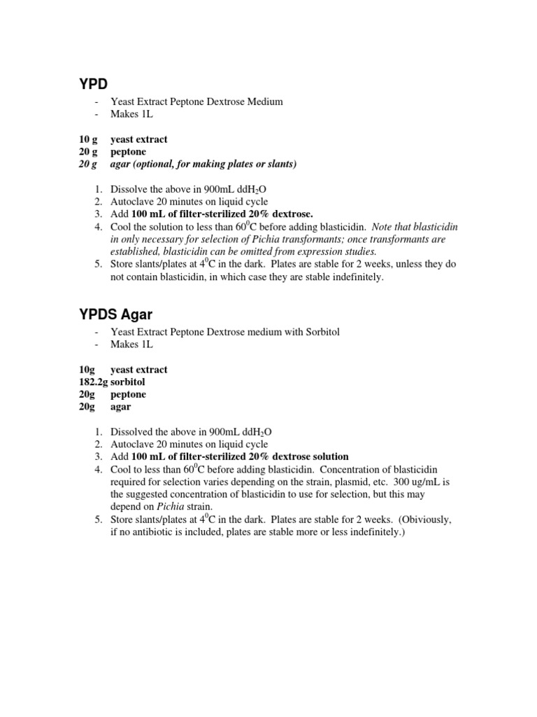 Yeast Media Prep for Pichia Labs | PDF