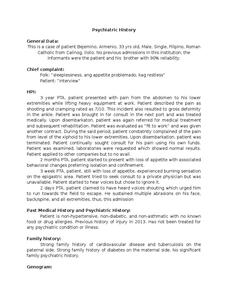 Psychiatric History General Data | PDF | Patient | Pain