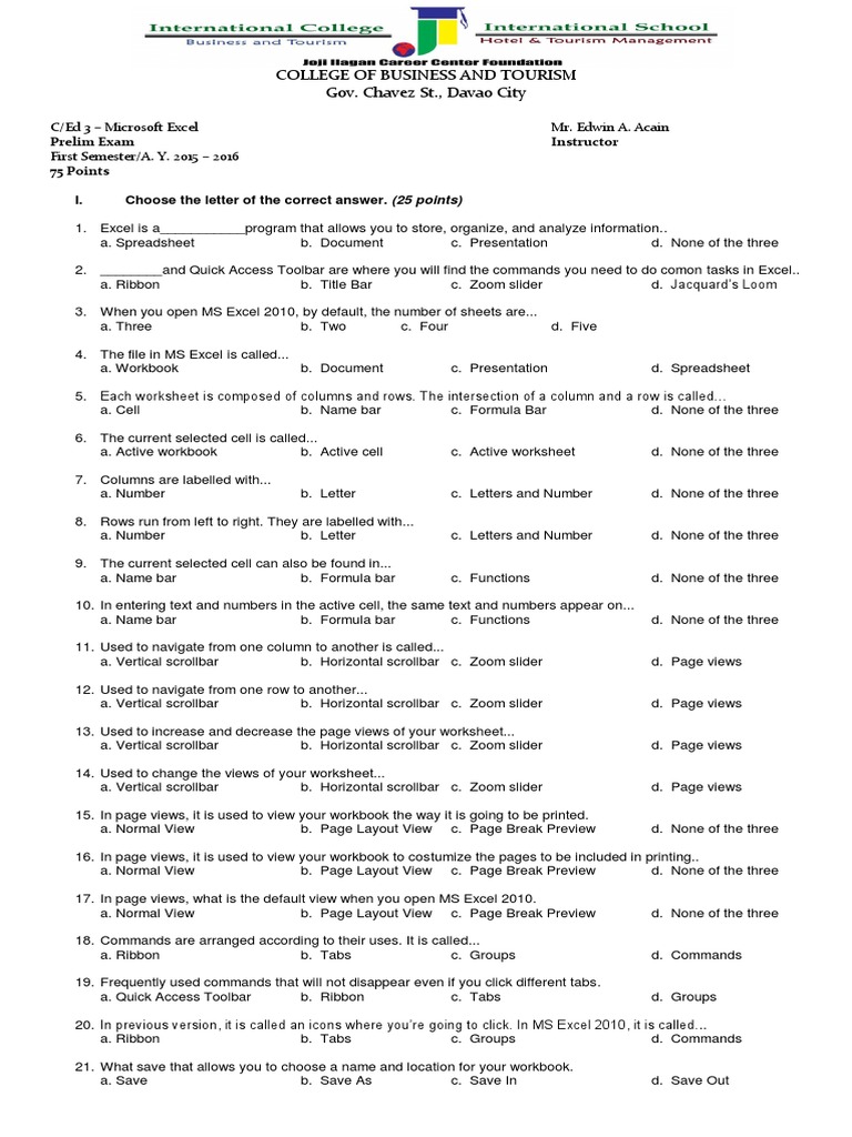 ComEd 3 - Prelim Exam (Final) | PDF | Microsoft Excel | Software