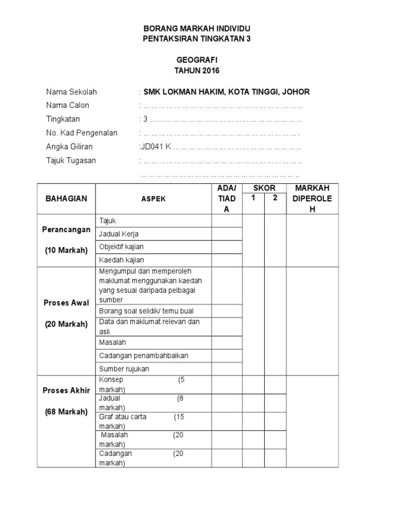 Borang Markah PT3 | PDF