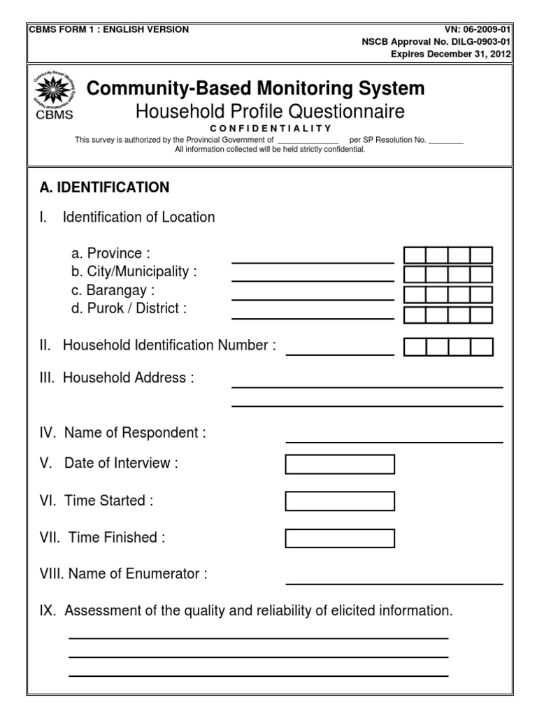 Household Profile Questionnaire: Community-Based Monitoring System | PDF