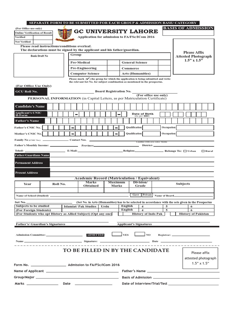 Application for Admission to GC University Lahore's FA/FSc/ICom 2016 ...