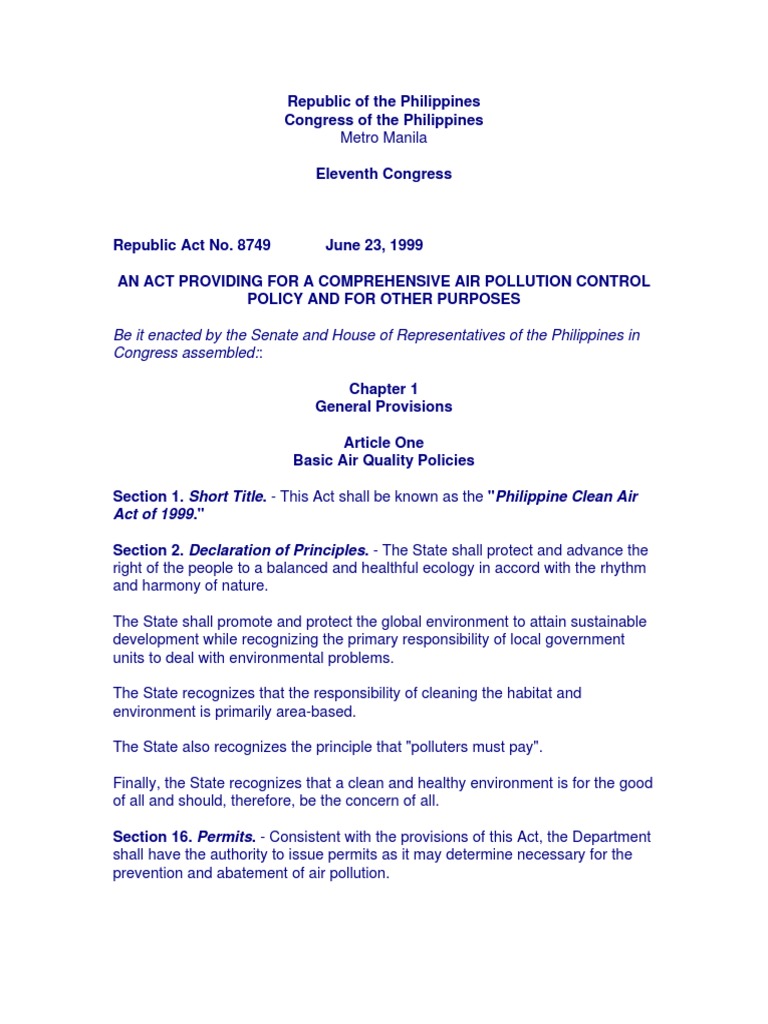 RA 8749 Clean Air Act | PDF | Emission Standard | Air Pollution