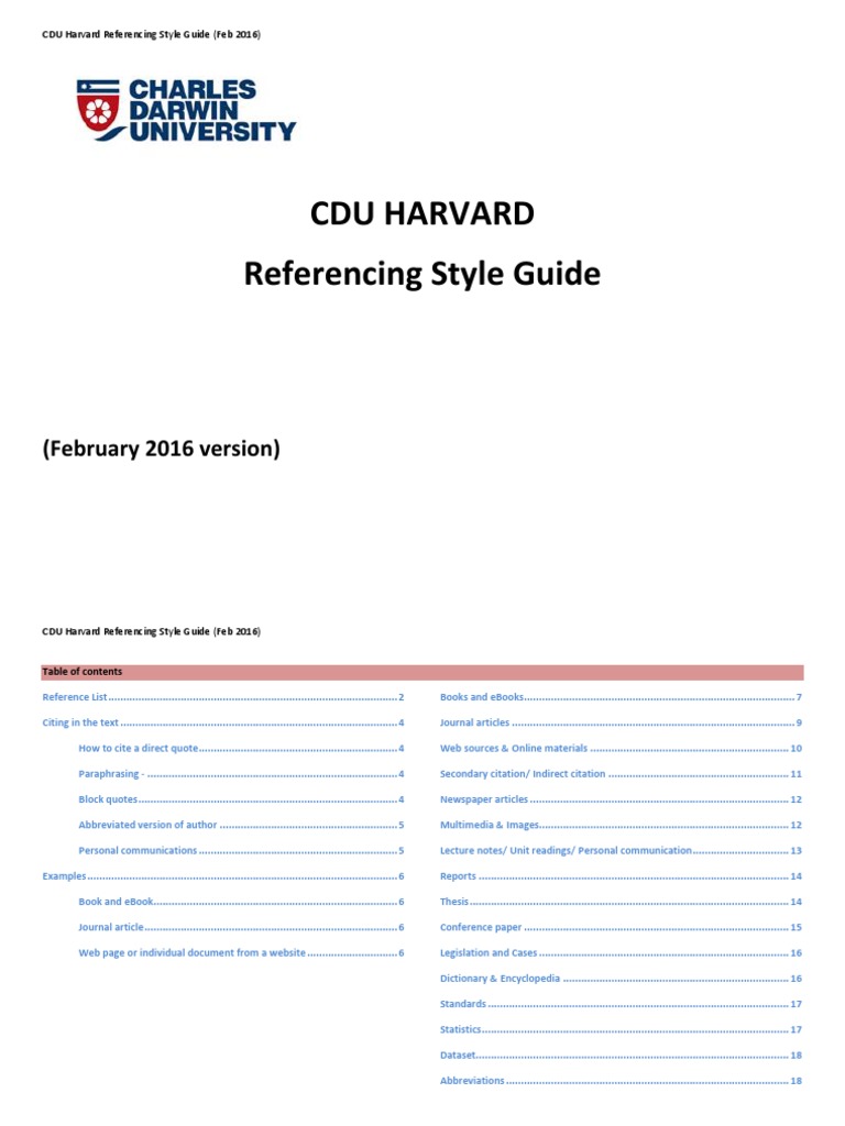 Cdu Harvard Referencing Style Guide: (February 2016 Version) | PDF ...