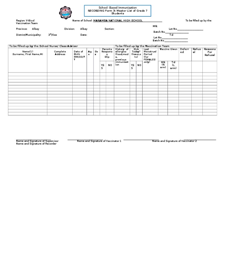 School-Based Immunization: RECORDING Form 3: Master List of Grade 7 ...