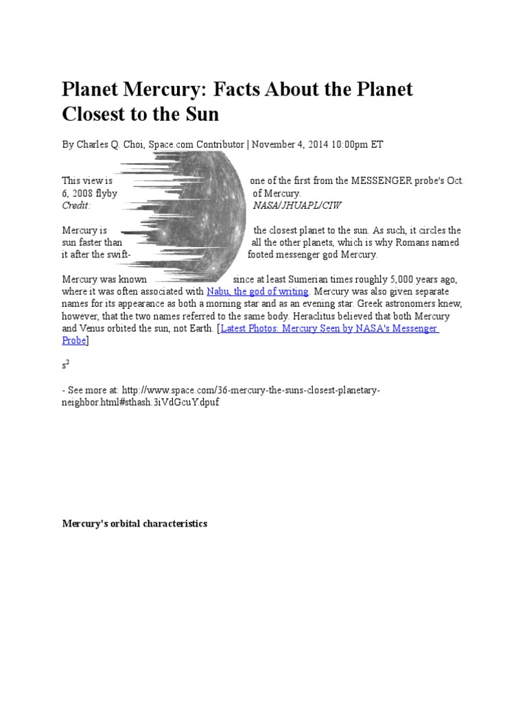 Planet Mercury: Facts About The Planet Closest To The Sun: Credit: Nasa ...