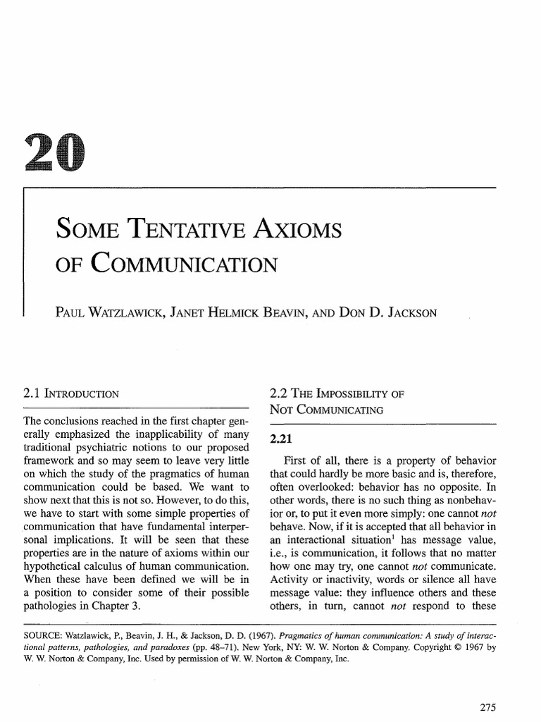 Some Tentative Axioms of Communication: Paul Watzlawick, Janet Helmick ...