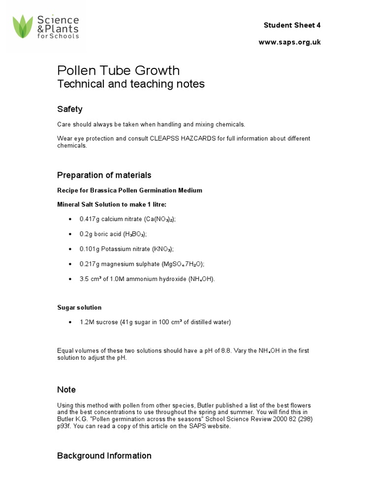 SAPS Sheet 4 - Teachers and Technicians Sheet - Pollen Tube | PDF ...