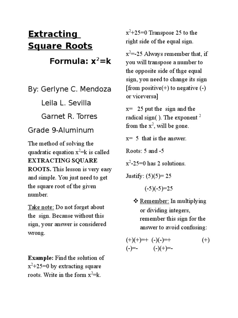 Extracting Square Roots: Formula: X K | PDF | Teaching Methods ...