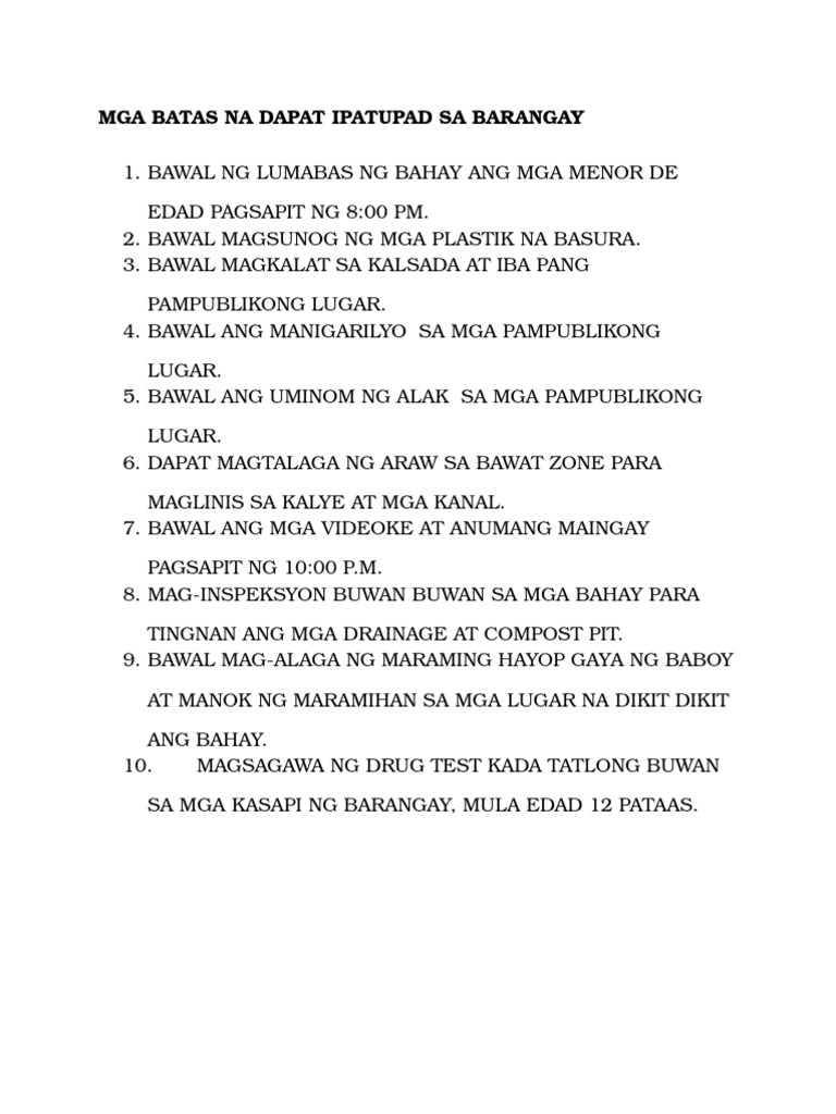 Mga Batas Na Dapat Ipatupad Sa Barangay