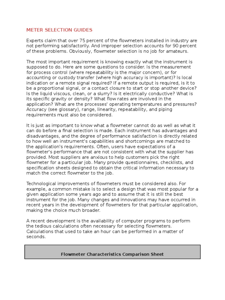 Meter Selection Guides: Flowmeter Characteristics Comparison Sheet ...