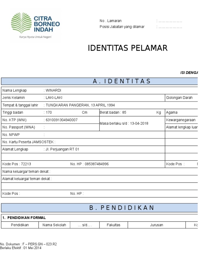 023 Form Identitas Pelamar | PDF
