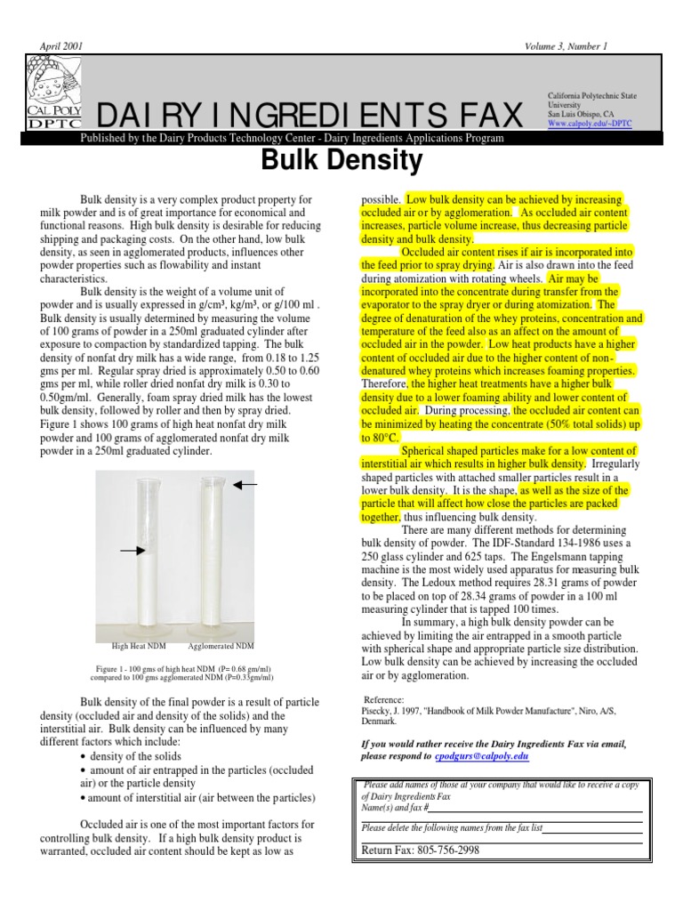 Dairy Ingredients Fax: Bulk Density | PDF | Powdered Milk | Density