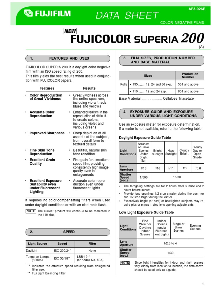 Fujicolour Superia 200 Data Sheet | PDF | Exposure (Photography ...