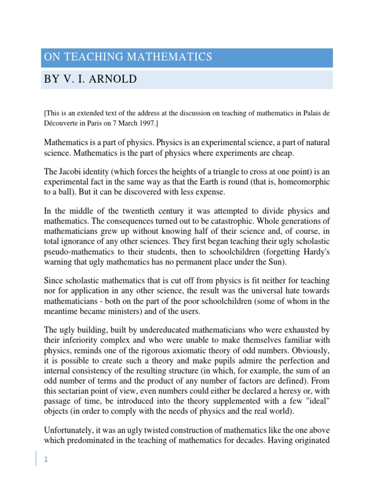 Arnold, V. I. - On Teaching Mathematics | PDF | Differentiable Manifold ...