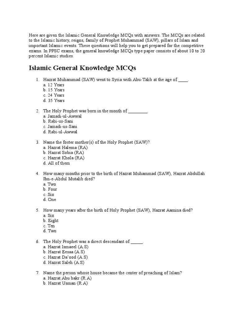 Islamic MCQs for Exam Preparation | PDF | Mosque | Muhammad