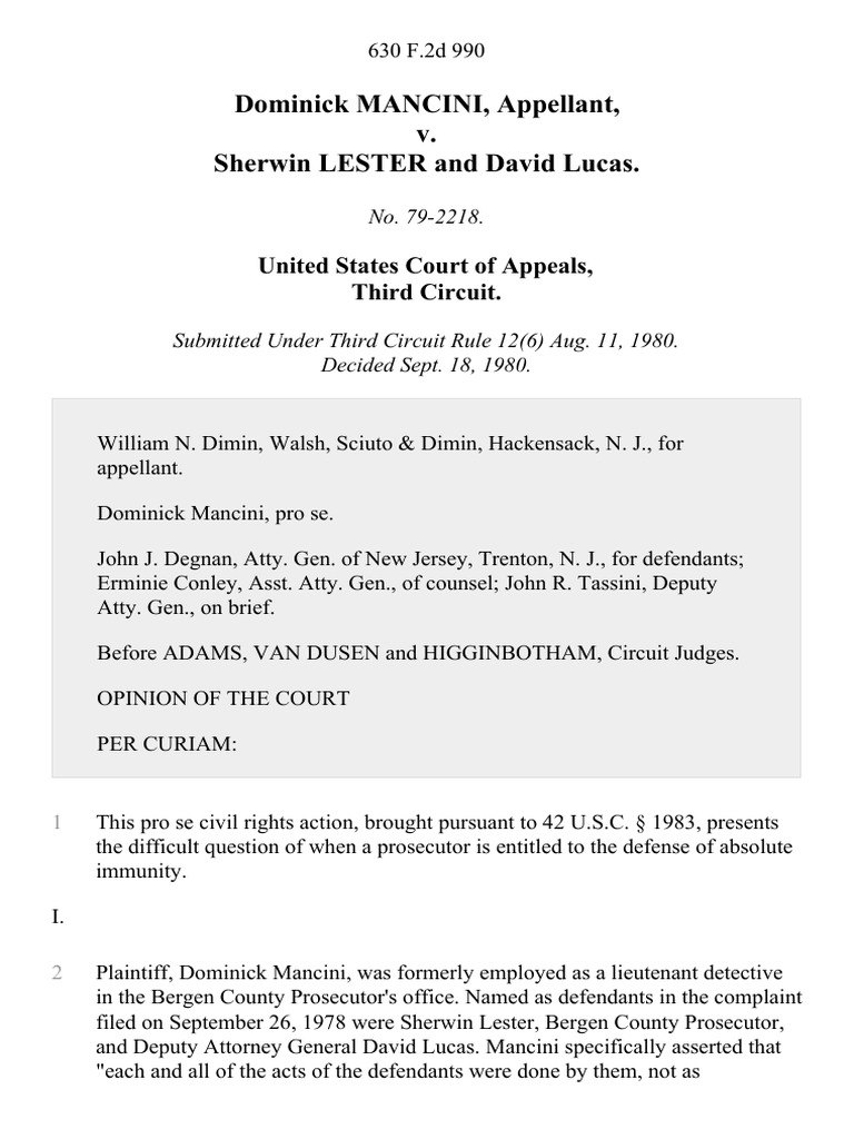 Dominick Mancini v. Sherwin Lester and David Lucas, 630 F.2d 990, 3rd ...