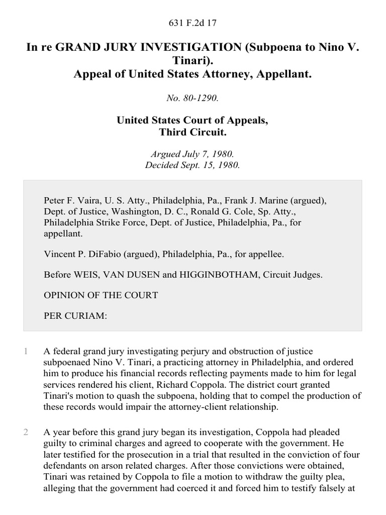 In Re Grand Jury Investigation (Subpoena To Nino v. Tinari) - Appeal of ...