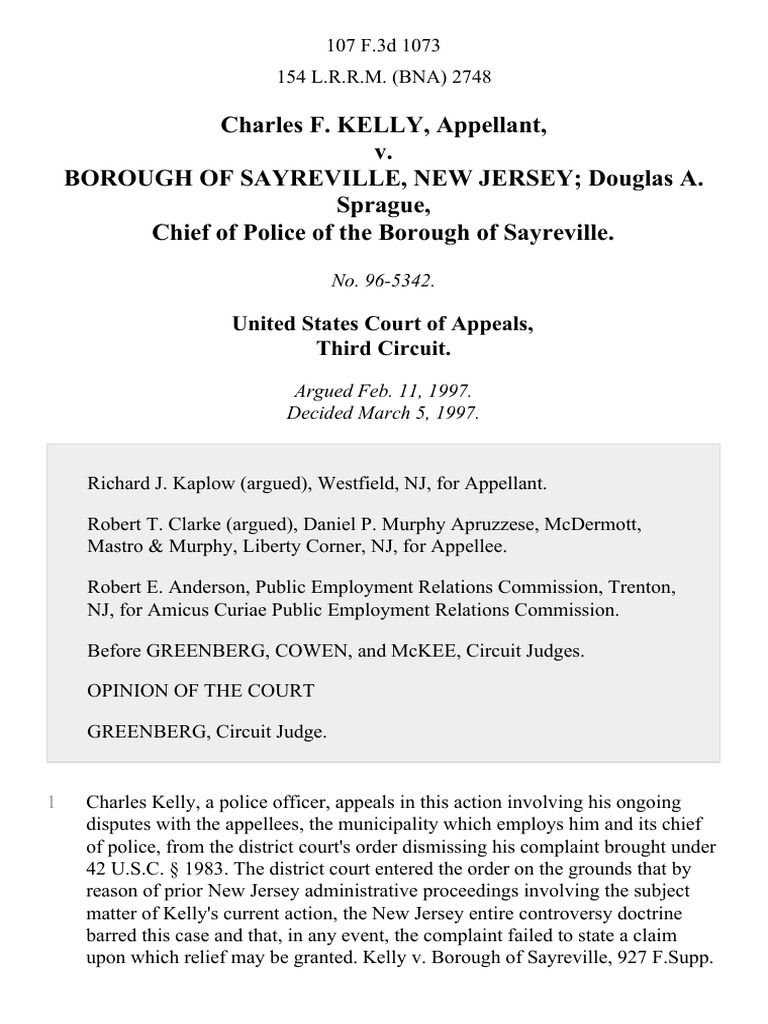 Charles F. KELLY, Appellant, v. Borough of Sayreville, New Jersey ...