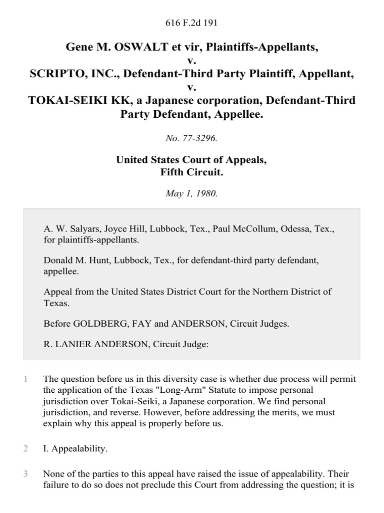 Gene M. Oswalt Et Vir v. Scripto, Inc., Defendant-Third Party v. Tokai ...