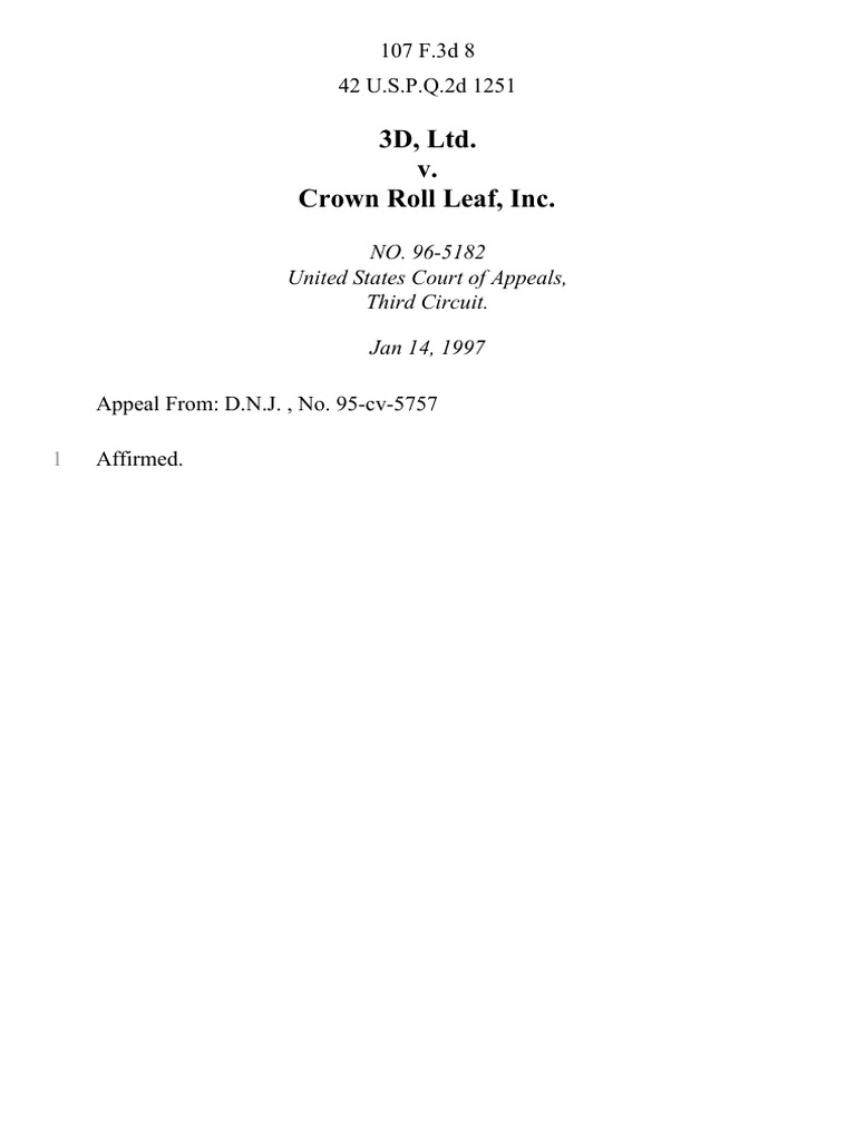 3d, Ltd. v. Crown Roll Leaf, Inc, 107 F.3d 8, 3rd Cir. (1997) | PDF