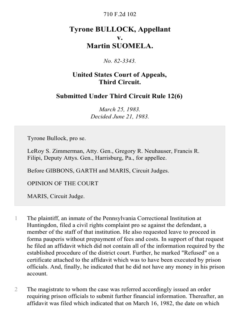 Tyrone Bullock v. Martin Suomela, 710 F.2d 102, 3rd Cir. (1983) | PDF ...