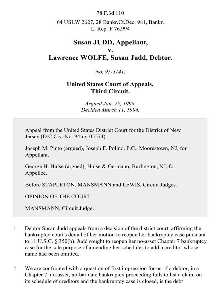 Susan Judd v. Lawrence Wolfe, Susan Judd, Debtor, 78 F.3d 110, 3rd Cir ...