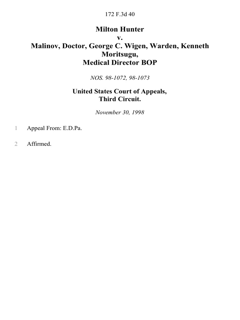 Milton Hunter v. Malinov, Doctor, George C. Wigen, Warden, Kenneth ...