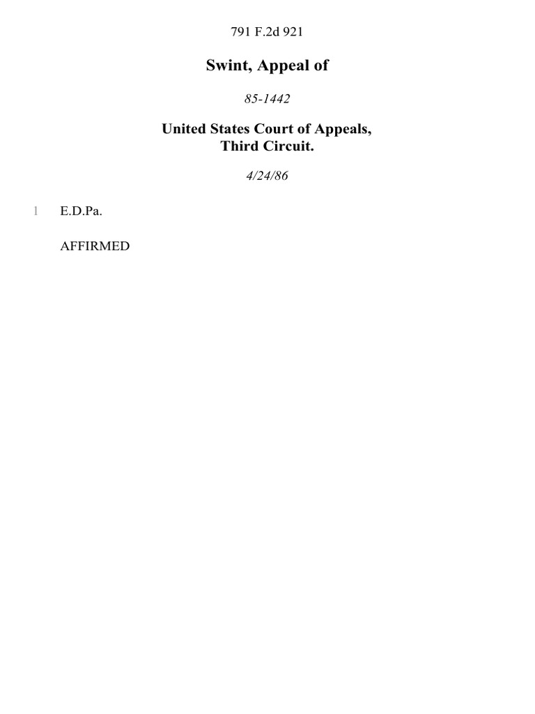 Swint, Appeal Of, 791 F.2d 921, 3rd Cir. (1986) | PDF Swint, Appeal Of, 791 F.2d 921, 3rd Cir. (1986) | PDF