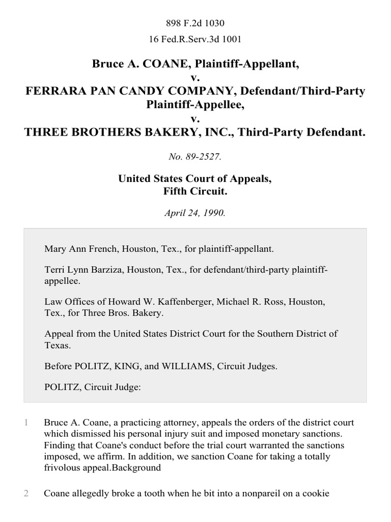 Bruce A. Coane v. Ferrara Pan Candy Company, Defendant/third-Party v ...