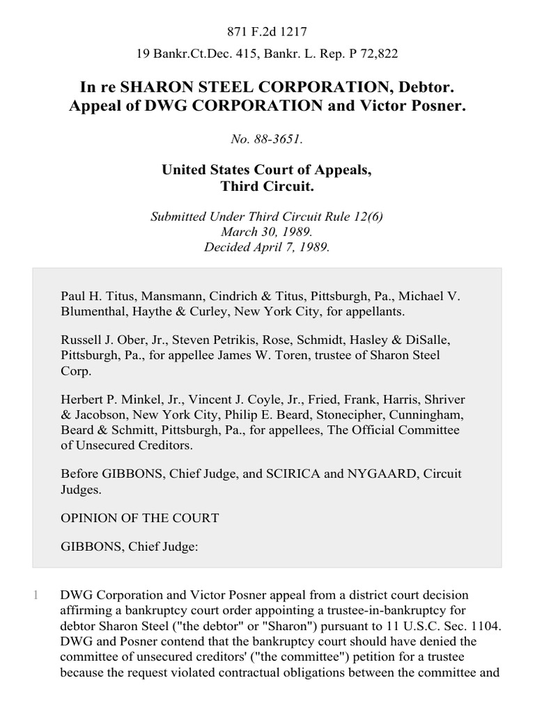 In Re Sharon Steel Corporation, Debtor. Appeal of DWG Corporation and ...
