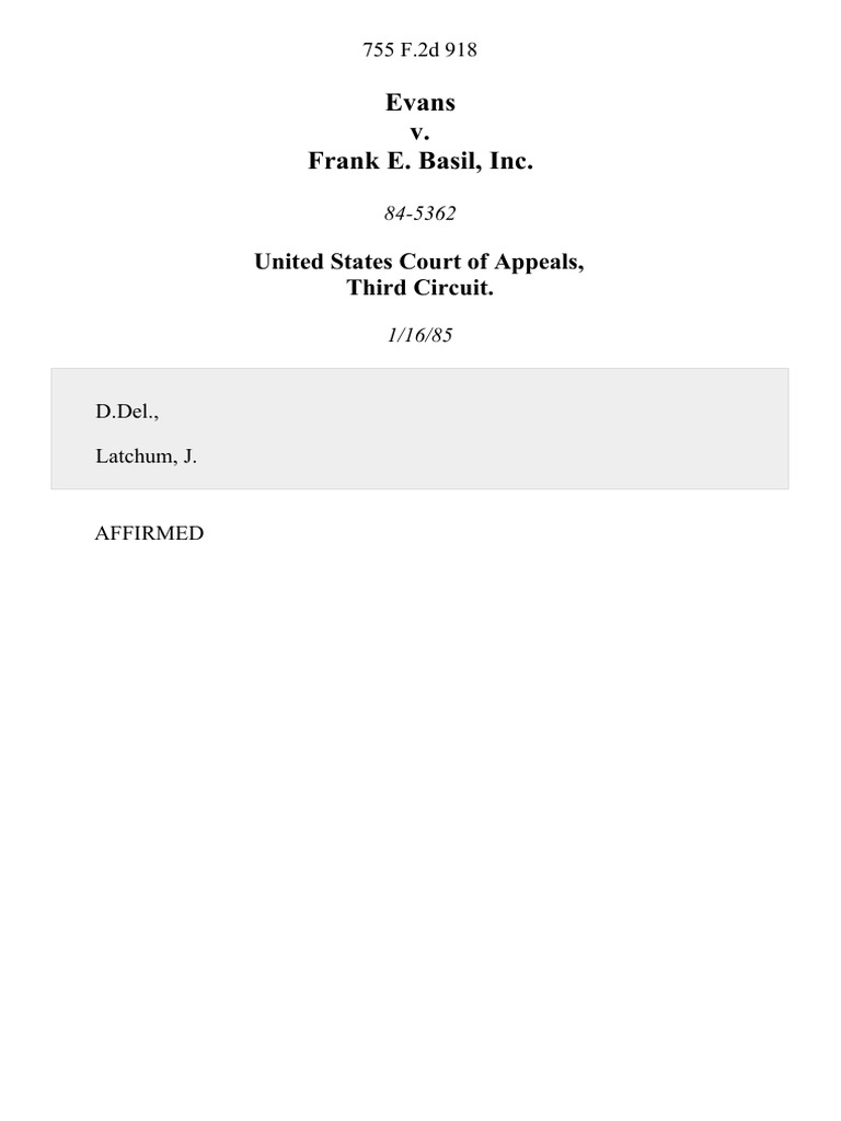Evans v. Frank E. Basil, Inc, 755 F.2d 918, 3rd Cir. (1985) | PDF | Law